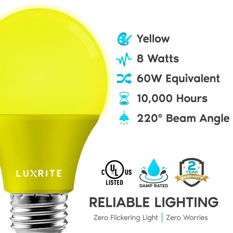 Luxrite A19 Yellow LED Bug Light Bulbs 8W Non-Dimmable UL Listed E26 ...