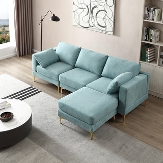 Turquoise L-Shaped Sectional Sofa with Movable Ottoman & Gold Legs ...
