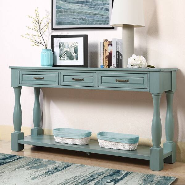 Blue Long Wood Console Table Entryway Table with 3 Drawers and Shelf ...