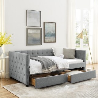 Upholstered Twin Size Daybed with Two Drawers, with Button and Copper ...