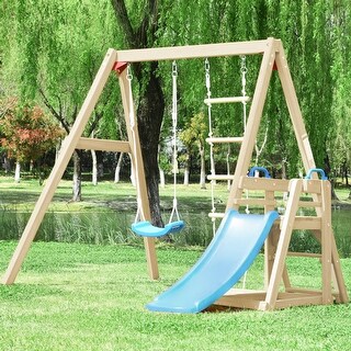 Outdoor Natural Wooden Swing Set with Slide - Bed Bath & Beyond - 39075407