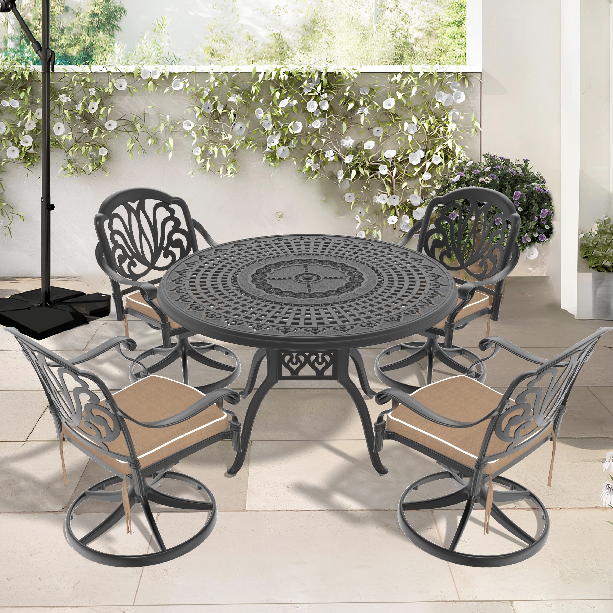Black 5 7 Piece Cast Aluminium Outdoor Patio Dining Set with Round and Swivel Chairs