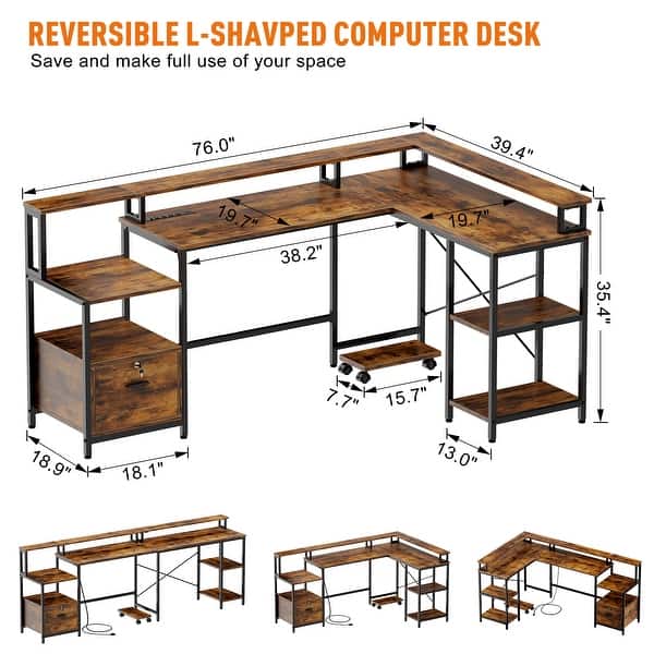 76 inch foldable L-shaped computer desk with file drawers - Bed Bath ...