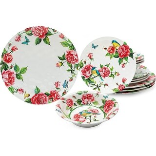 12 Pcs Dinnerware Sets, Rose Flower Plates and Bowls Sets,Set of 4 ...