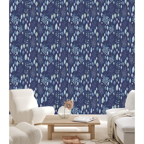 Dark Blue Wallpaper with Leaves and Trees Peel and Stick and Prepasted ...