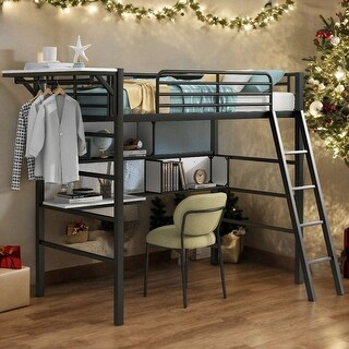 Metal Twin Size Loft Bed with 2 Shelves, A Desk and A Hanging Clothes ...
