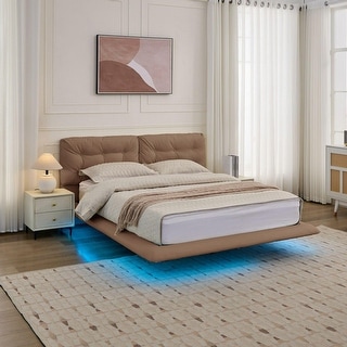 Queen Size Upholstered Floating Platform Bed Frame with LED Lights with ...