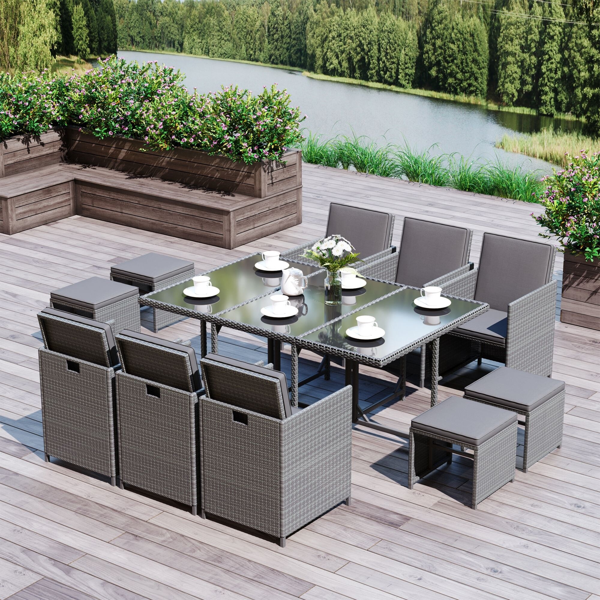 Outsunny 11 Piece Rattan Patio Furniture Set with 6 Rattan Chairs 1 Outdoor Dining Table and 4 Outdoor Ottomans Bed Bath Beyond 18109332
