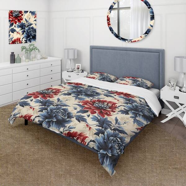 Designart "Red And Blue Damask Flower Nostalgia" Damask bed cover set ...