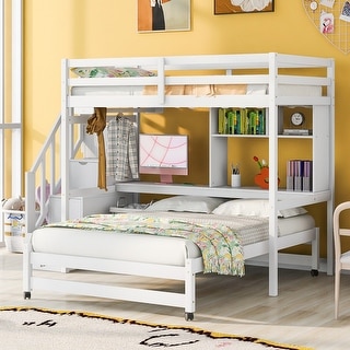 Twin over Full Bunk Bed with Storage Staircase, Desk, Shelves and ...