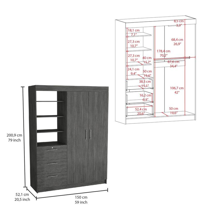 Kenya 3 Drawer Armoire, Double Door, 3-Tier Shelf for Bedroom ...