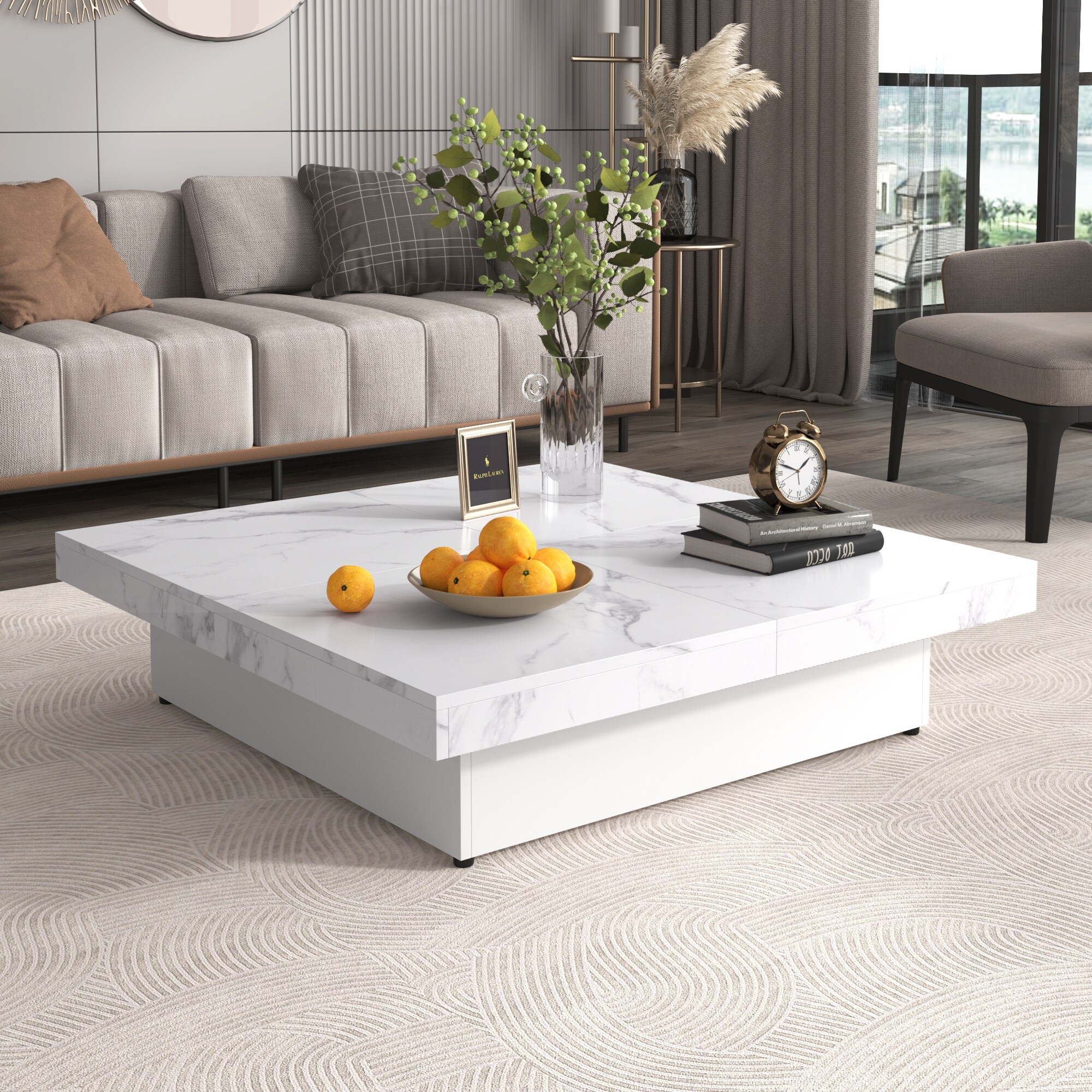 White Square Marble Veneer Coffee Table Sliding Top with Storage in White 39.4