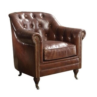 HomeRoots 34" Top Grain Leather And Brown Tufted Chesterfield Chair ...