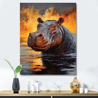 Designart "Hippo The Savanna King II" Hippopotamus Wall Art Print Black ...