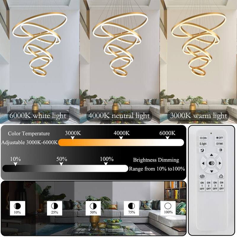 Modern LED Chandelier 6 Rings Large High Ceiling Hanging Chandelier ...