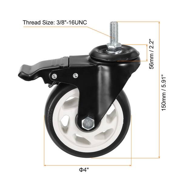 PU Swivel Threaded Stem Casters 3/8"-16UNC with Brake 88lbs Black 4pcs ...