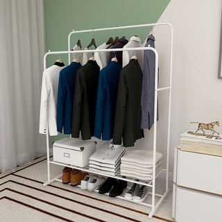 White Garment Rack Freestanding Hanger w/ Double Rods Coat Racks - Bed ...