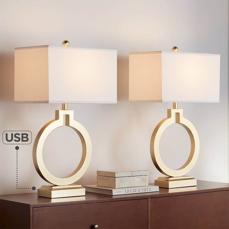 Set of 2 Modern Table Lamps with USB Port Gold Rectangular White - 16 ...
