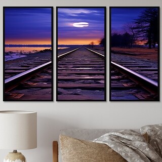 Designart - Purple Train Tracks To The Full Moon - Train Wall Art Set ...