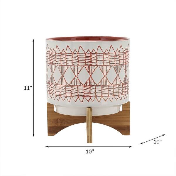 10” ceramic flower pot on modern orange wooden bamboo stand - Bed Bath ...