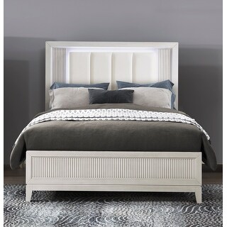 Florence Collection Queen Bed, LED Upholstered Headboard, Reeded Ivory Design, Requires Box ...