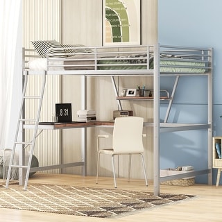 Full Size Metal & MDF Loft Bed with Built-in Desk and Shelf, Silver ...