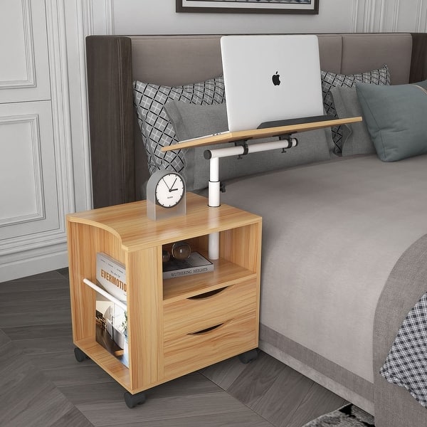 Height Adjustable Nightstand with Swivel Top, Storage Drawers, Wheels, Multifunctional Rolling ...