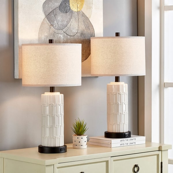 KAWOTI 23" Ceramics Table Lamp Set with USB Port and AC Outlet, Bulbs ...
