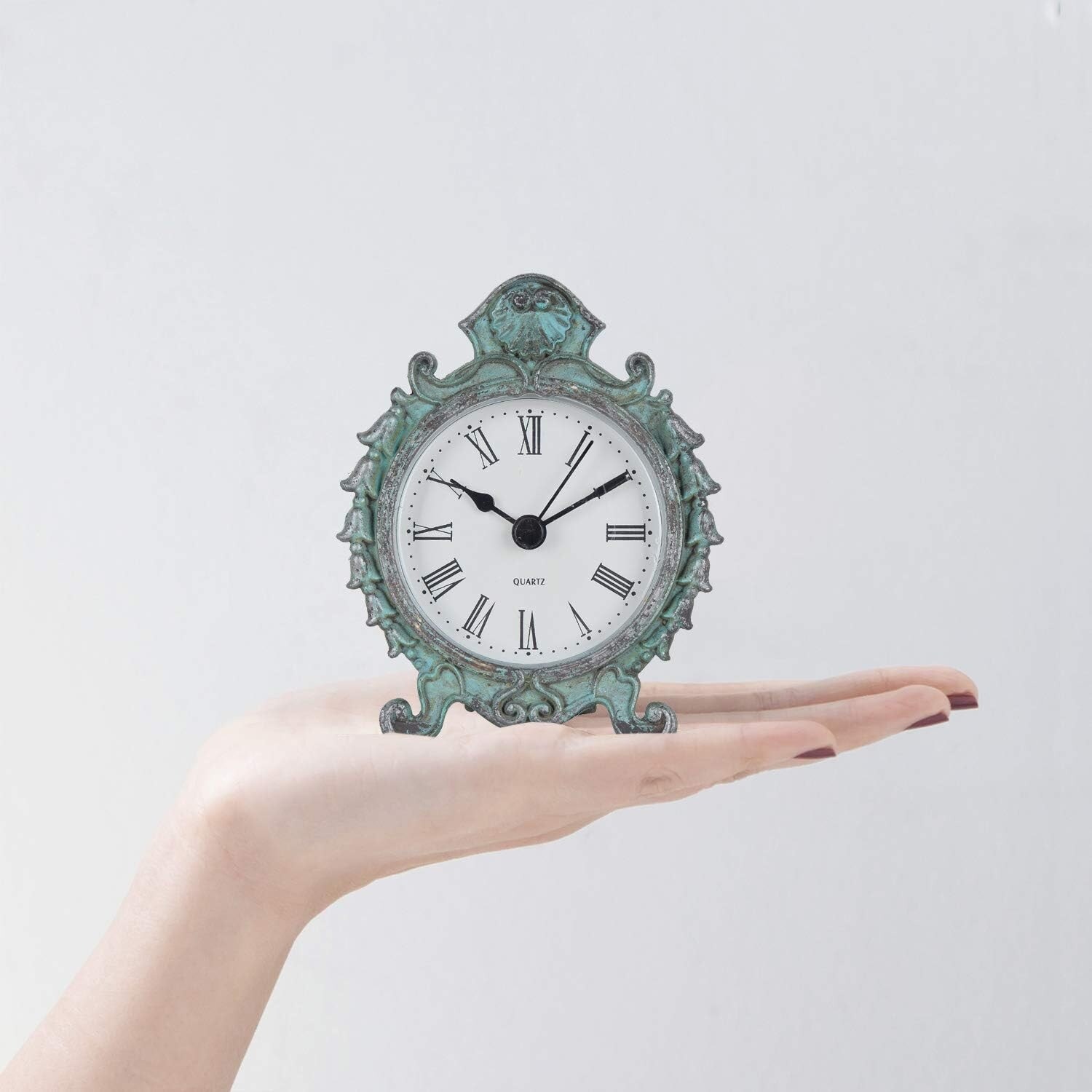 Baroque Style Pewter Quartz Small Round Table Clock Dark Green