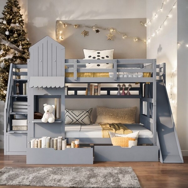 Full Over Full Bunk Bed With 2 Drawers 3 Shelves and Slide Sturdy Frame Bed Bath Beyond 40469204