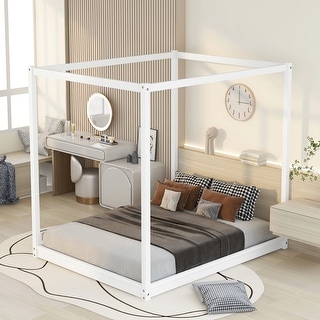 Modern Low Canopy Platform Bed, Wooden Canopy Bed Frame with Support ...