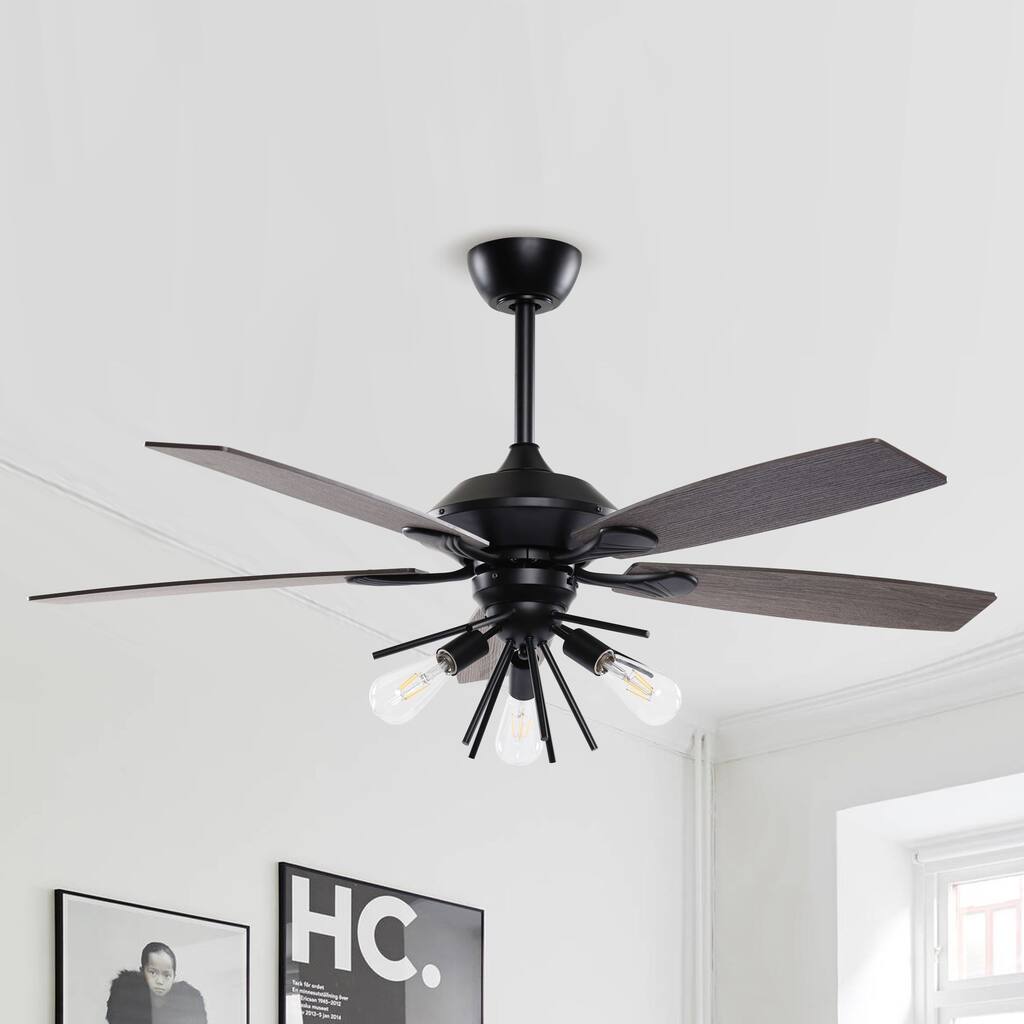 Industrial 5-Blade 3-Light Black Reversible Ceiling Fan with Remote ...