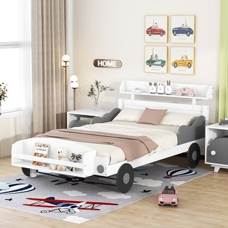 White Pine Wood Car Platform Bed with Storage Shelves, Strong ...