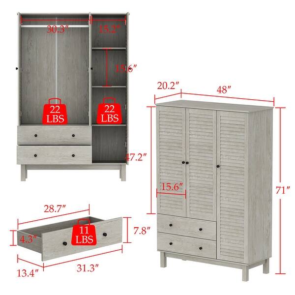 Large Wardrobe Armoire with 4 Tier Shelves 2 Drawer 3 Louver Doors ...