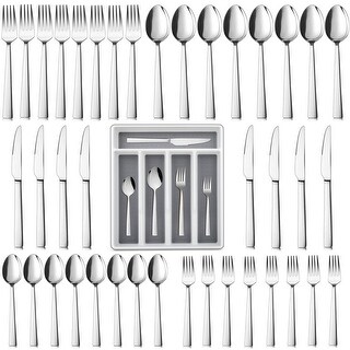 Silverware Set with Organizer Tray, Stainless Steel Square Flatware ...