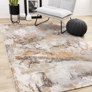 Amelia Collection - Dense Abstract Art Grey Cream Brown Area Rug - Bed ...