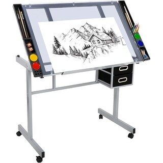 Adjustable Glass Top Drafting Table with Storage, Rolling Art Desk with ...