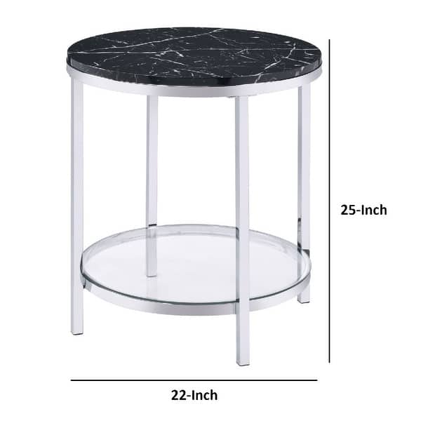 End Table with Round Faux Marble Top and Glass Shelf - Black - 22 L x ...