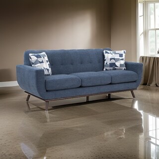 Keto 87 Inch Sofa, Blue Chenille, 2 Throw Pillows, Brown Solid Wood ...