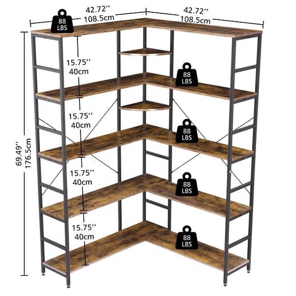 L-Shaped 5-Tier Bookcase with Heavy Duty Metal Frame - Tall Storage ...