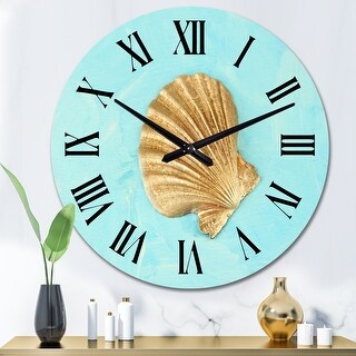 Designart 'Golden Seashell On Light Blue' Nautical & Coastal wall clock ...