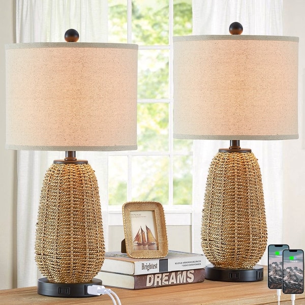 Table Lamp Brown Natural Straw Touch 3-Way Dimming(Set of 2) - 11'' x ...