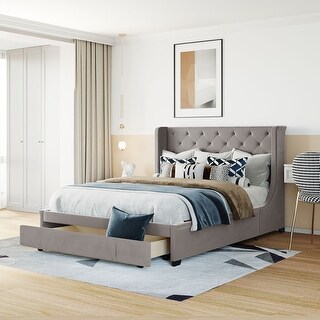 Velvet Queen Storage Bed with Wingback Tufted Headboard and Large ...