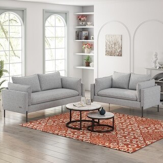 2 Piece Sofa Sets Modern Linen Fabric Upholstered Loveseat and 3 Seat ...
