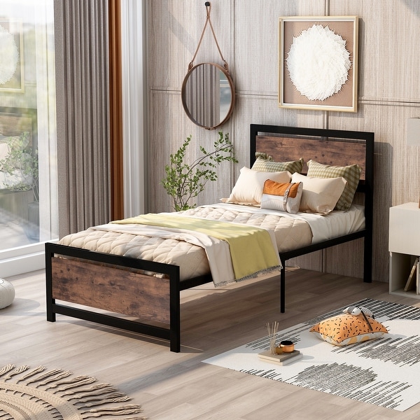 Twin Metal Platform Bed Frame with Rustic Vintage Wood Headboard and Footboard Mattress Foundation Strong Metal Slats Support Bed Bath Beyond 38911551