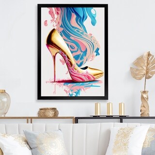 Designart "Pink And Blue Art Deco High Heel Shoes III" Fashion Framed Art Print - Bed Bath ...