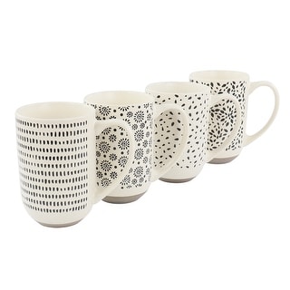 4 Piece 19 Ounce Stoneware Assorted Designs Mug Set in White - Bed Bath ...