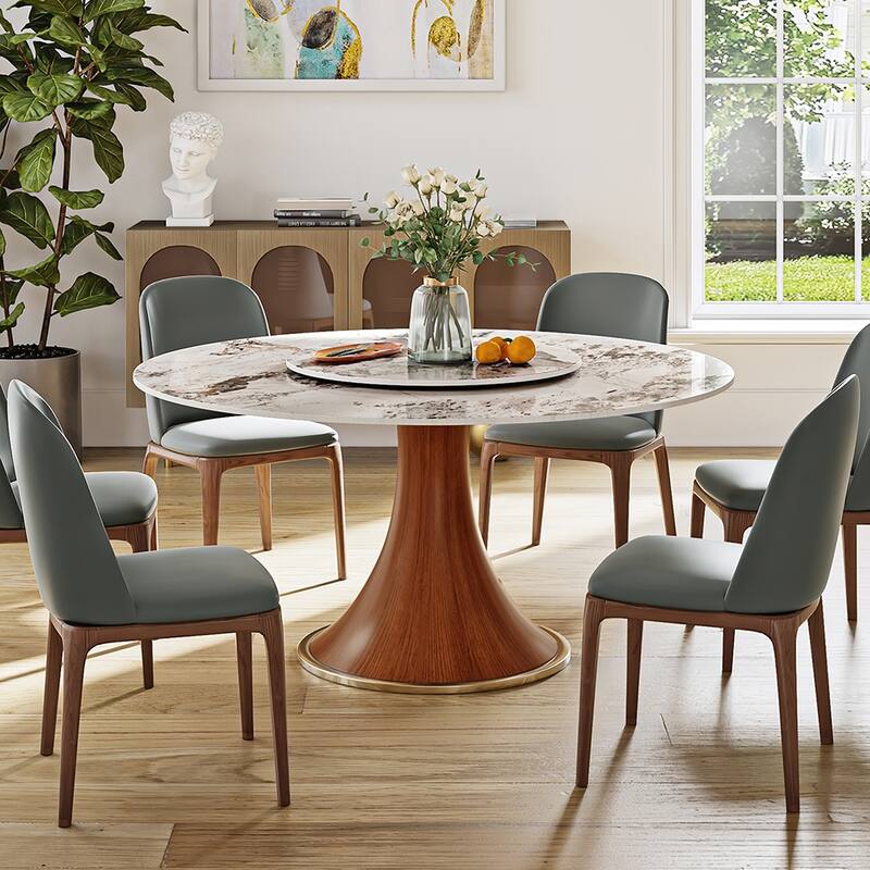 Modern Farmhouse Round Dining Table with Lazy Susan，Glossy Sintered ...