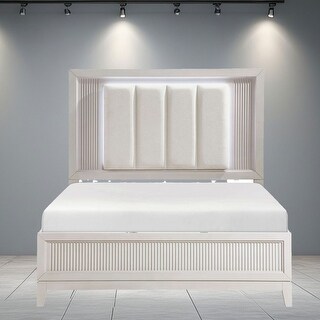 LED Lighted Queen Bed with Upholstered Headboard, Reeded Fronts, and ...