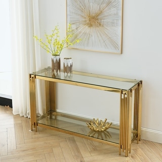 55" Tempered Glass Console Table Living Room Gold Sofa Side Table - Bed ...